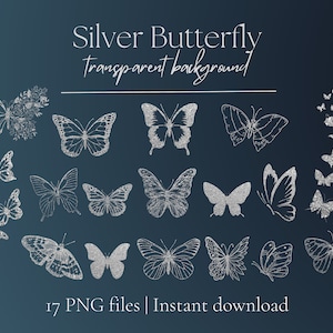 Silver Butterfly PNG Bundle, Butterfly Clipart, Silver Glitter ...