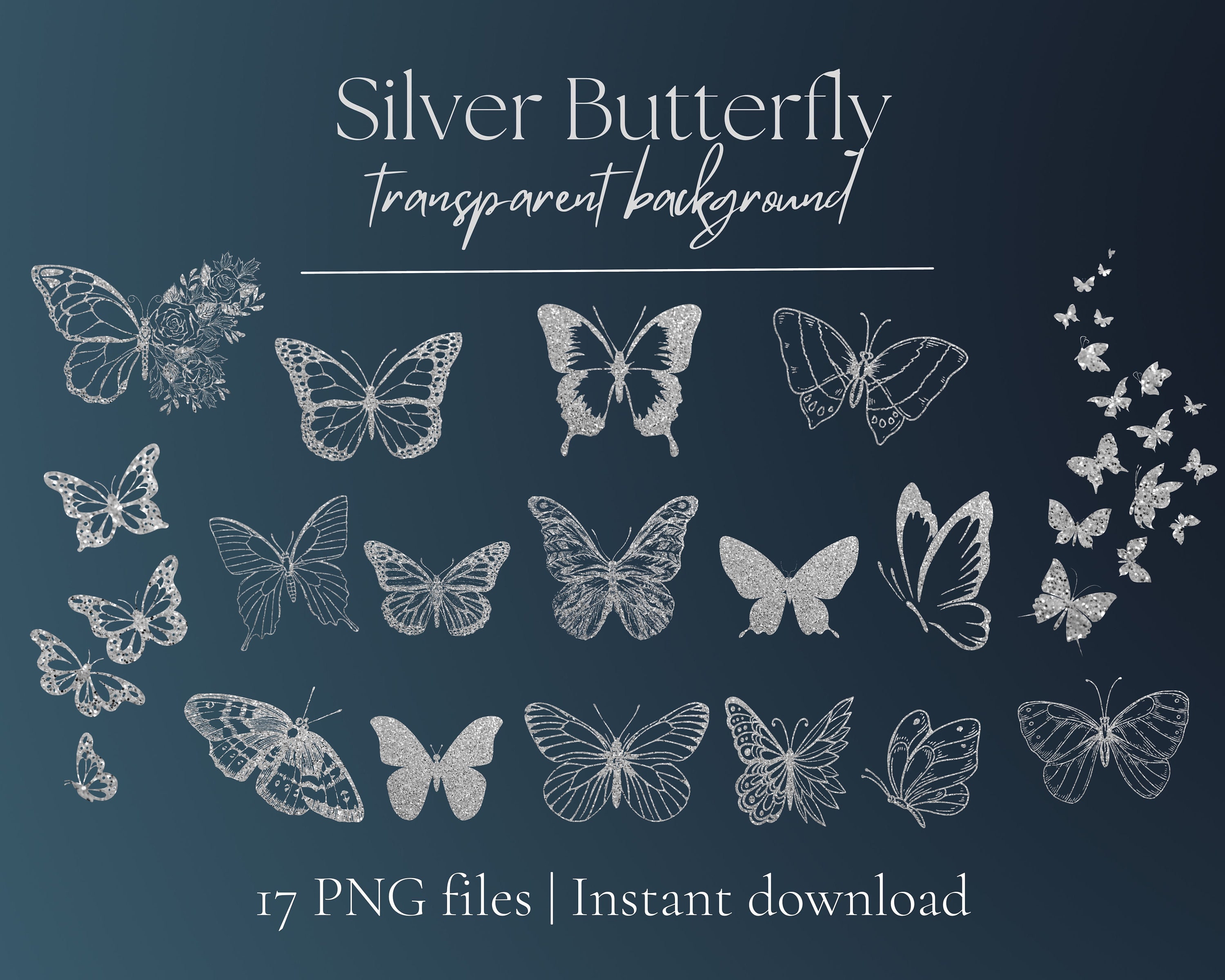 Silver Butterfly PNG Bundle, Butterfly Clipart, Silver Glitter ...