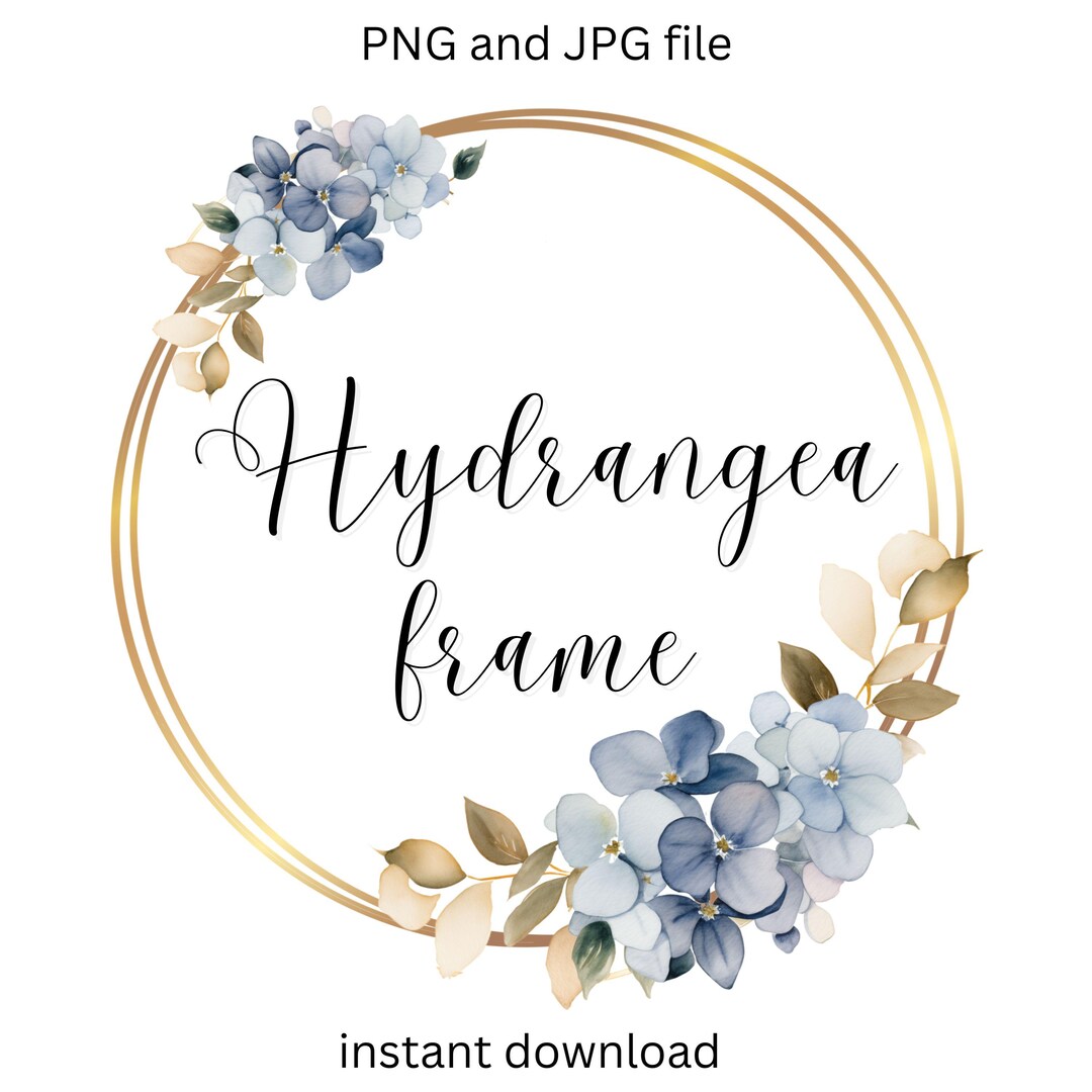 Hydrangea Circle Frame PNG, Watercolour Floral Wreath PNG, Gold Circle ...