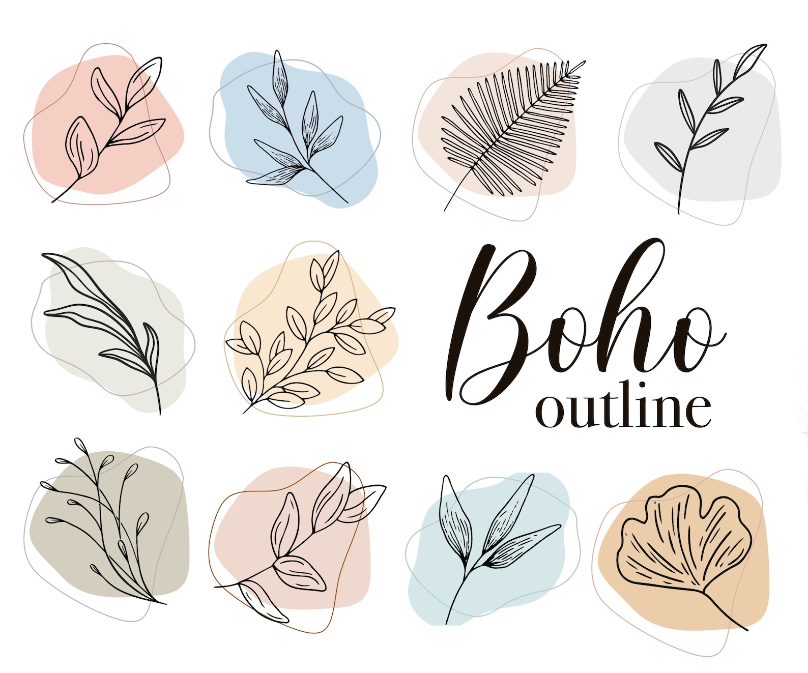 Boho Outline Clipart, Boho Botanical Clipart, Modern Boho Shapes, Boho ...
