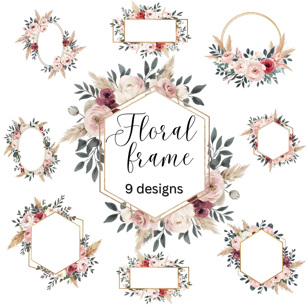 Floral Boho Frame Bundle, Watercolor Floral Frame PNG and JPG, Gold ...