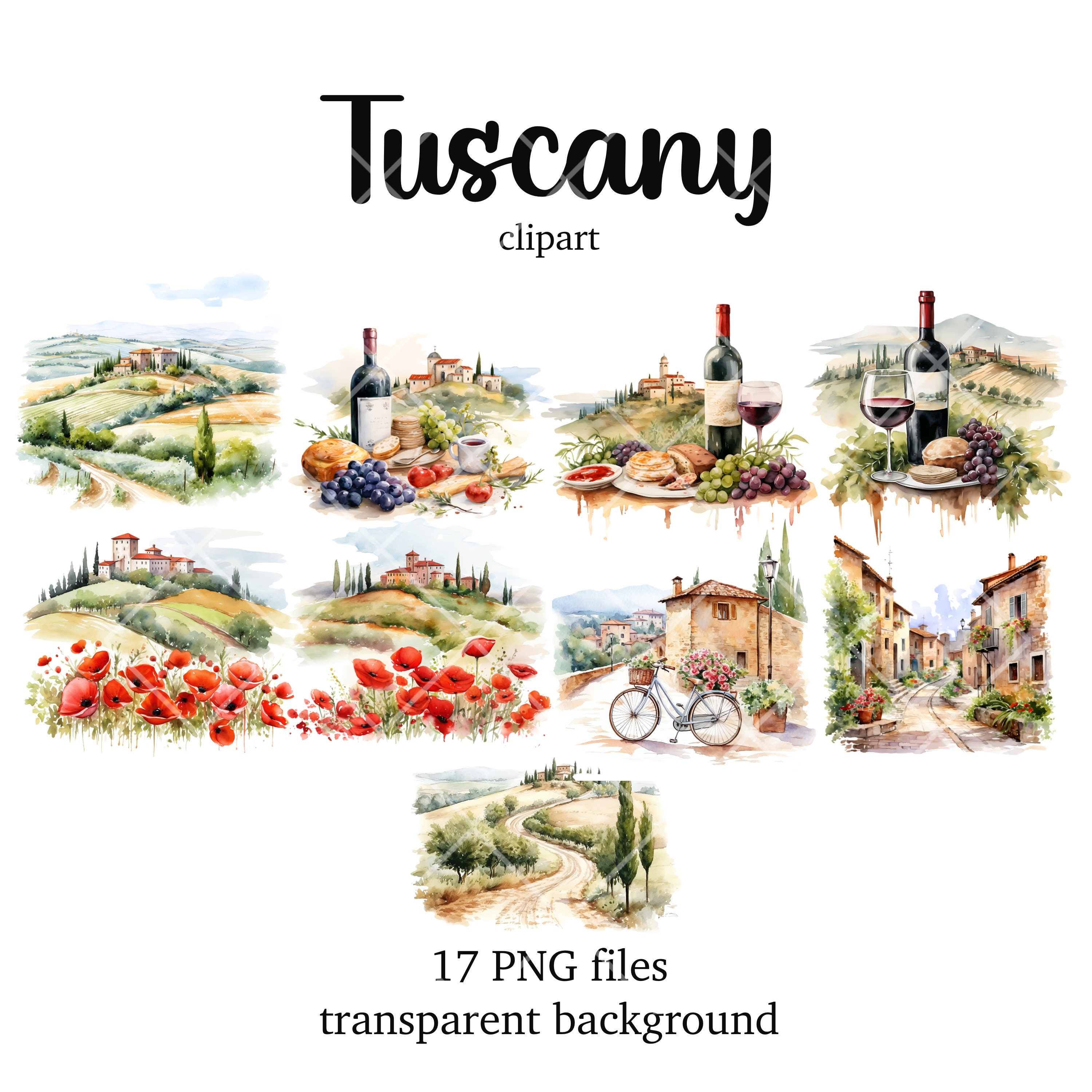 Tuscany Clipart Bundle, Watercolor Tuscany Clipart, Italian Sublimation Design, Junk Journal ...