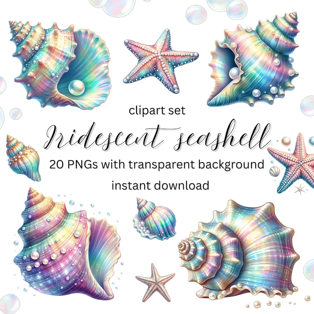 Watercolor Seashell Clipart Set, PNG Iridescent Seashell Clipart ...