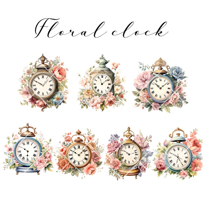 Vintage Clock Clipart Bundle, Watercolor Floral Clock Clipart, Vintage ...