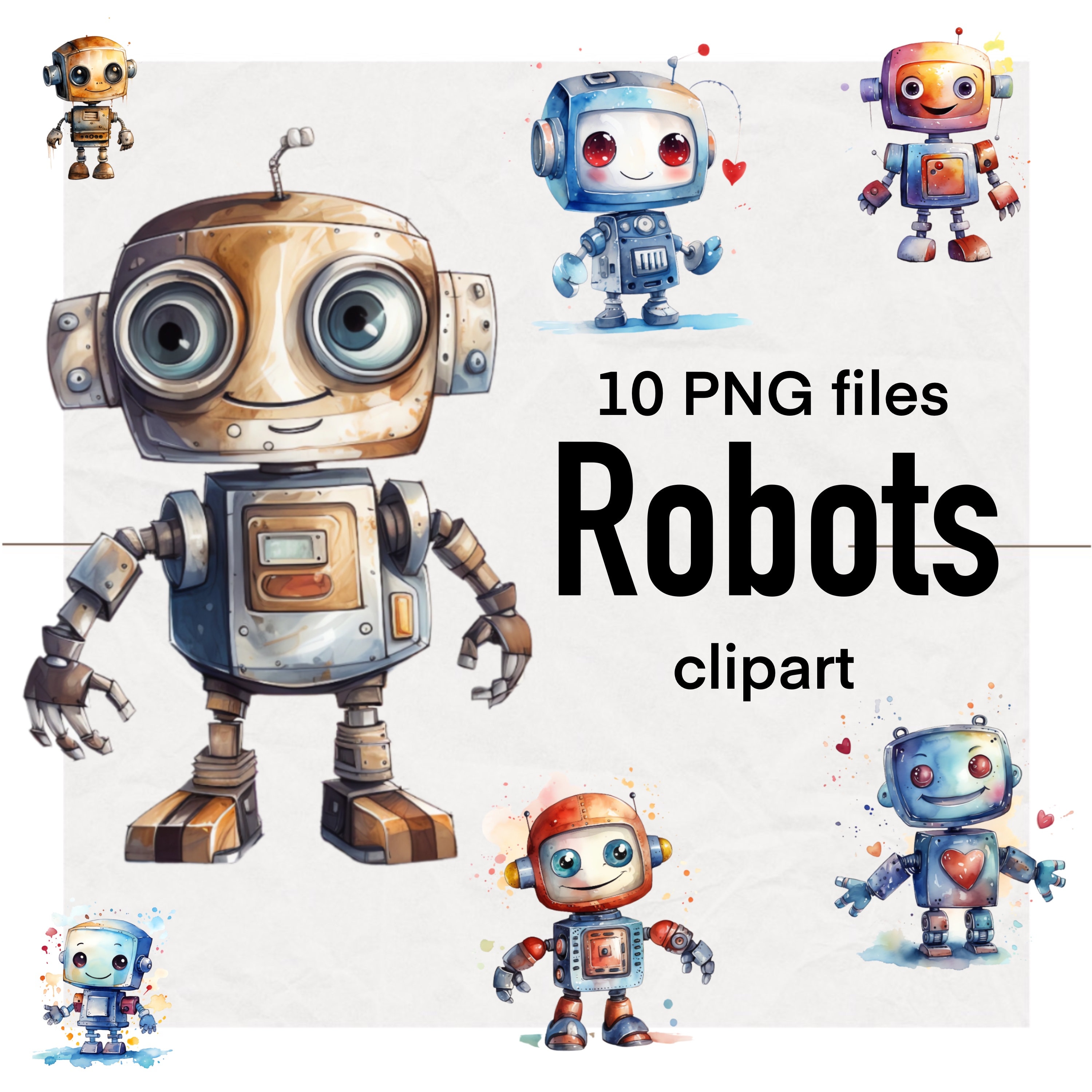 Robots Clipart, Cute Robot Watercolor Clipart, Robots Clipart Bundle ...