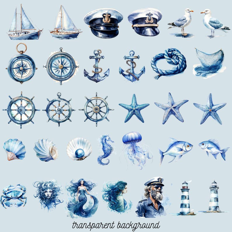 Nautical Clipart, Blue Clipart, Watercolor Clipart, Sailor Graphics ...