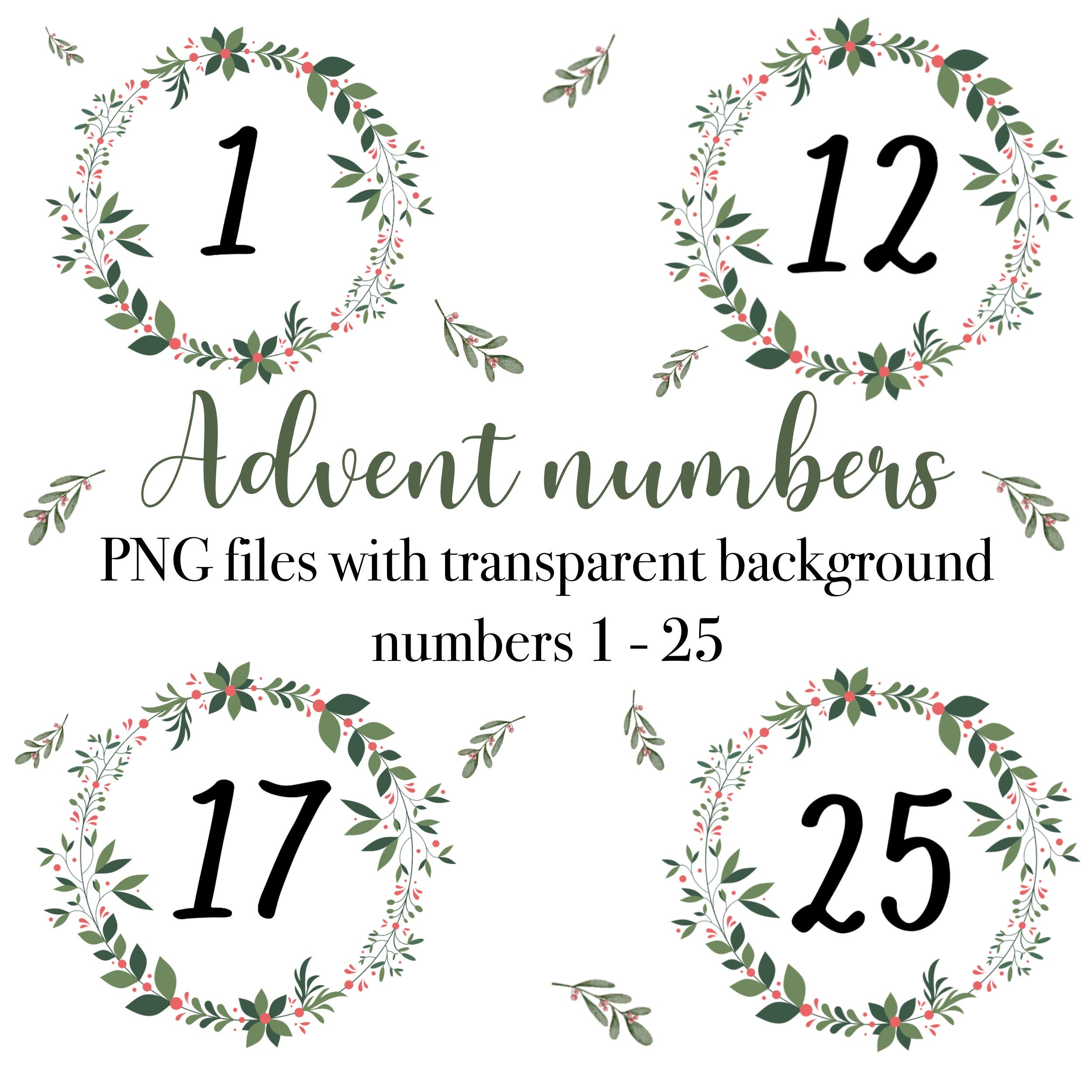 Christmas Advent Numbers PNG Files, DIY Advent Calendar, Numbers 1-25 ...