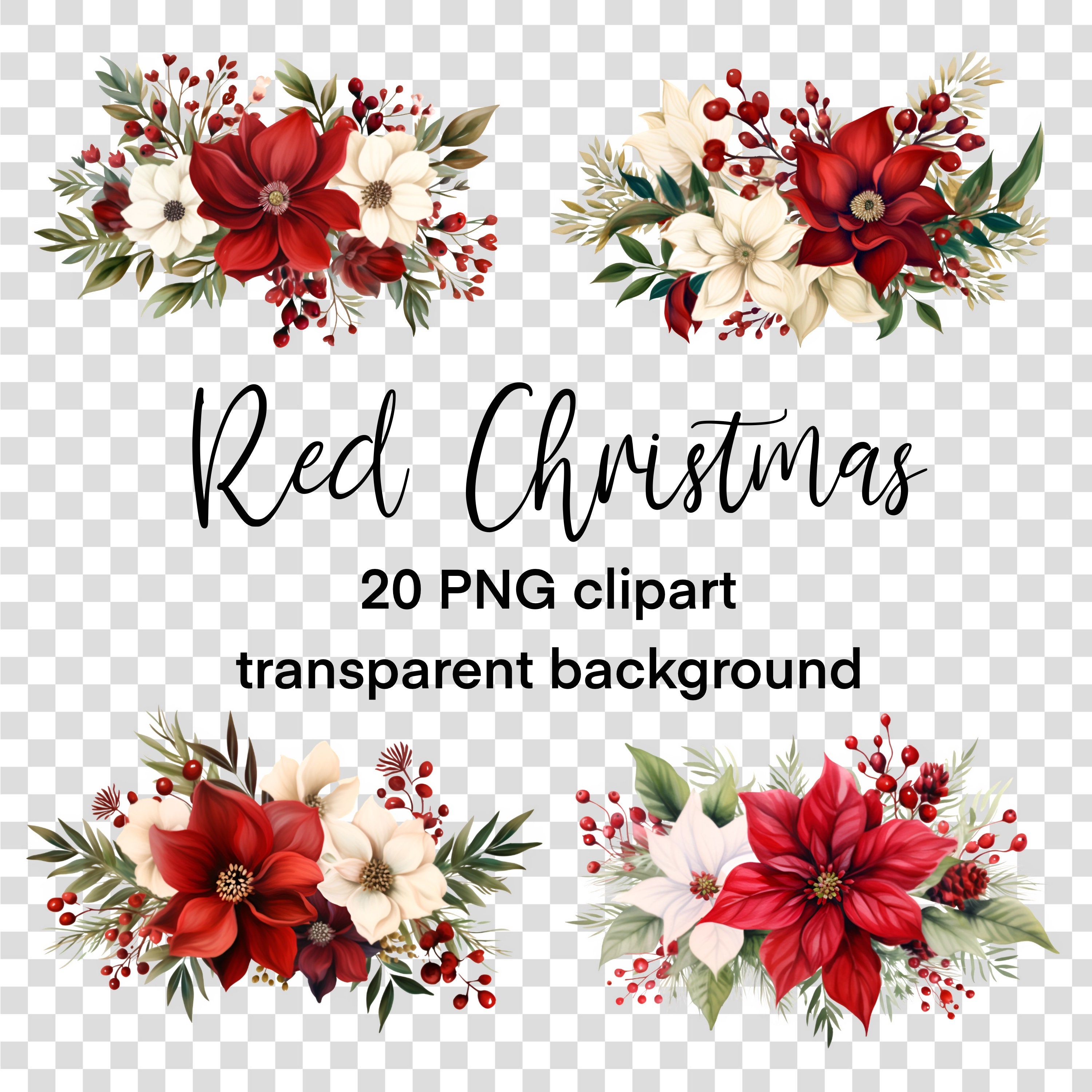 Red Christmas Clipart, Traditional Christmas Art, Watercolor Floral ...