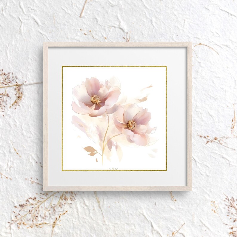 Abstract Flowers Clipart, Blush Pink Flower Art JPG, Gilded Flowers Wall Art, Flowers Print ...
