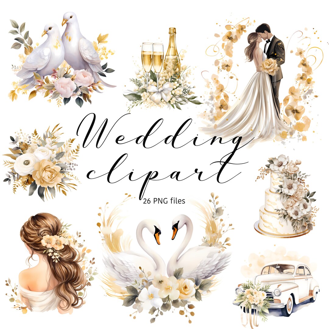 Wedding Clipart, White Gold Wedding Clipart, Watercolor PNG Clipart ...