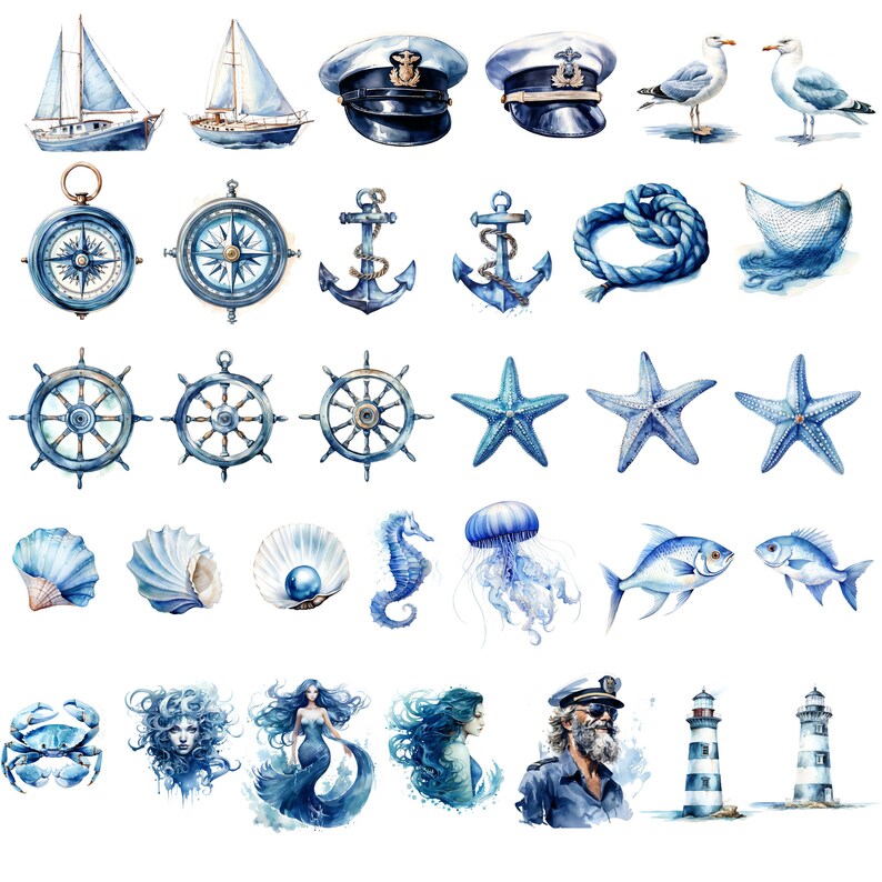 Nautical Clipart, Blue Clipart, Watercolor Clipart, Sailor Graphics ...