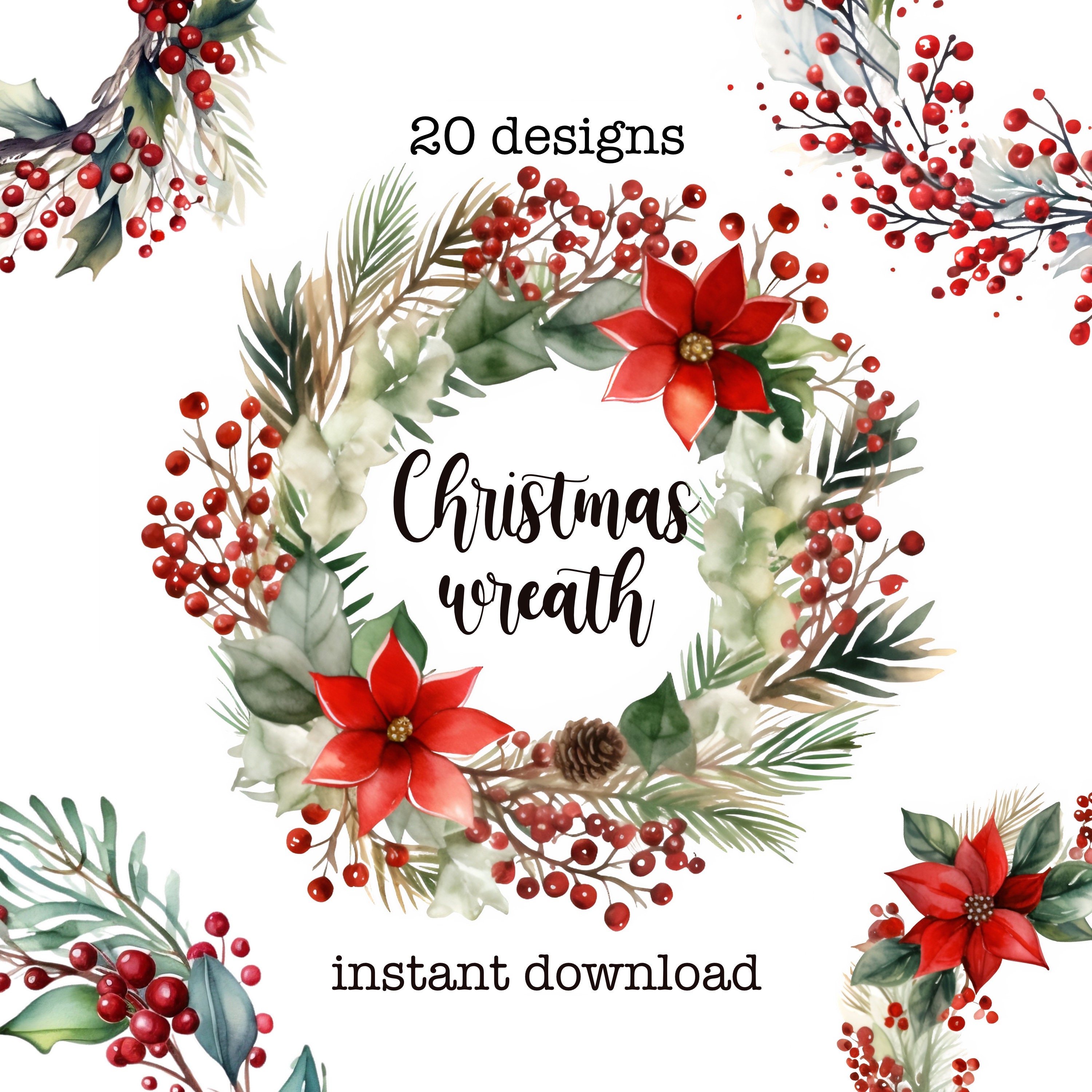 Christmas Wreath Clipart Bundle, Watercolor Christmas Greenery ...