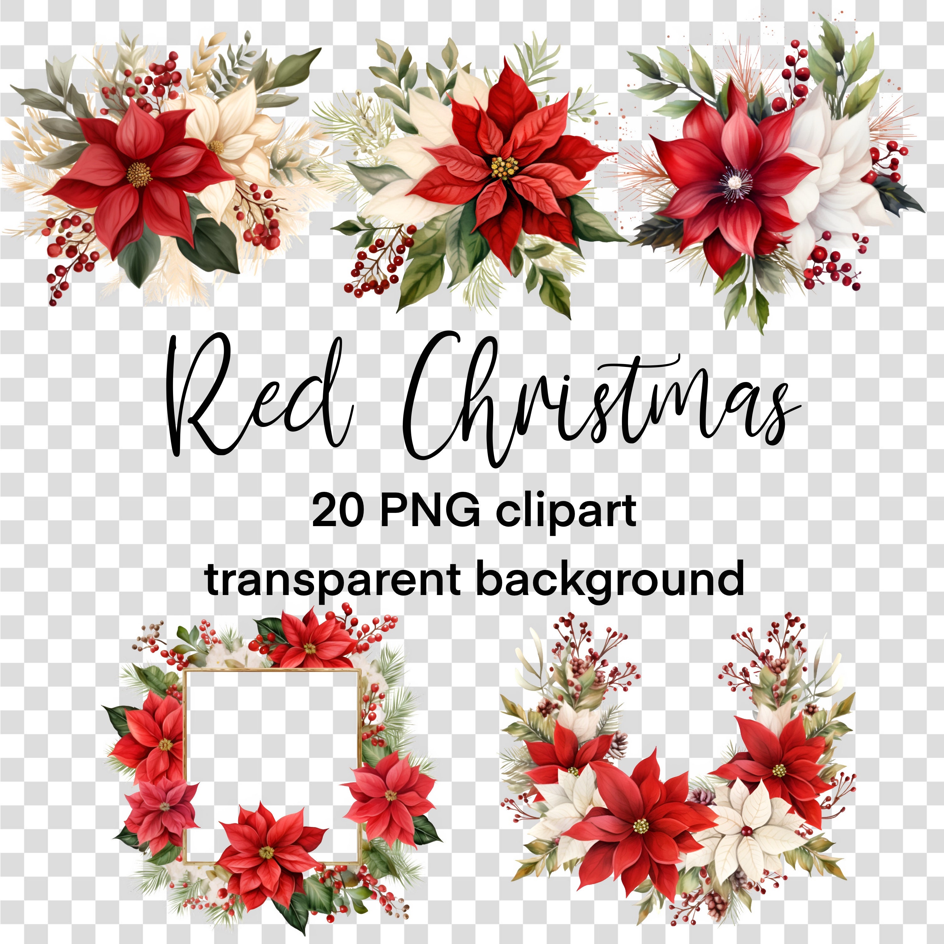 Red Christmas Clipart, Traditional Christmas Art, Watercolor Floral ...
