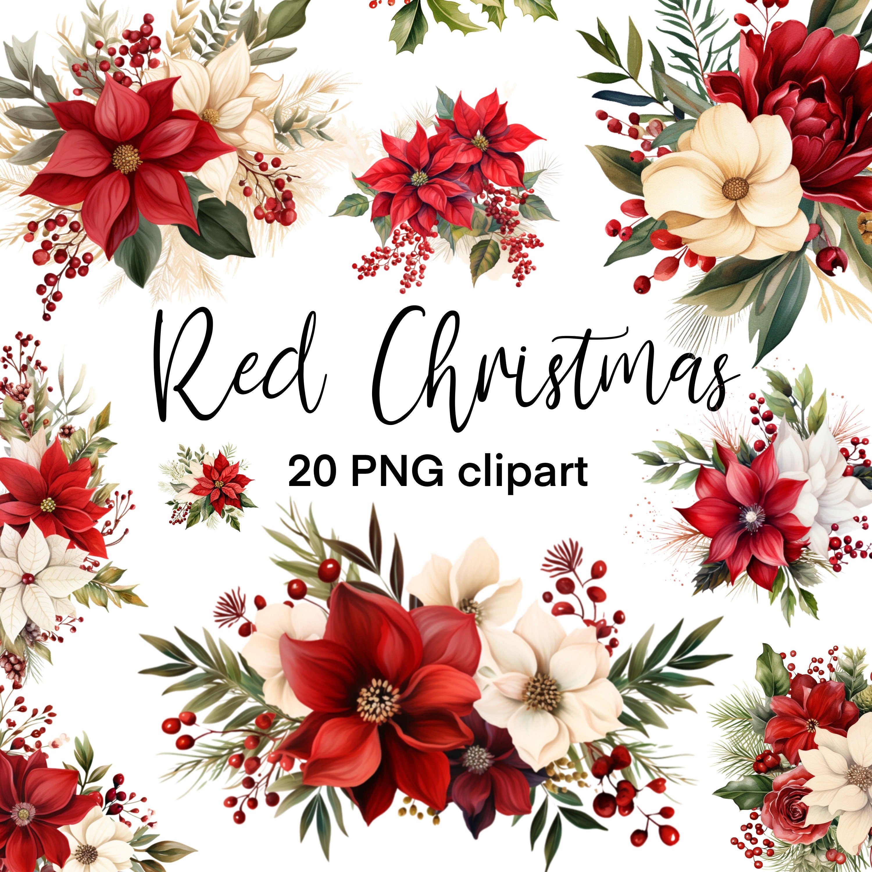 Red Christmas Clipart, Traditional Christmas Art, Watercolor Floral ...