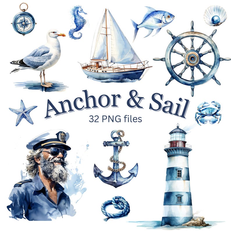 Nautical Clipart, Blue Clipart, Watercolor Clipart, Sailor Graphics ...