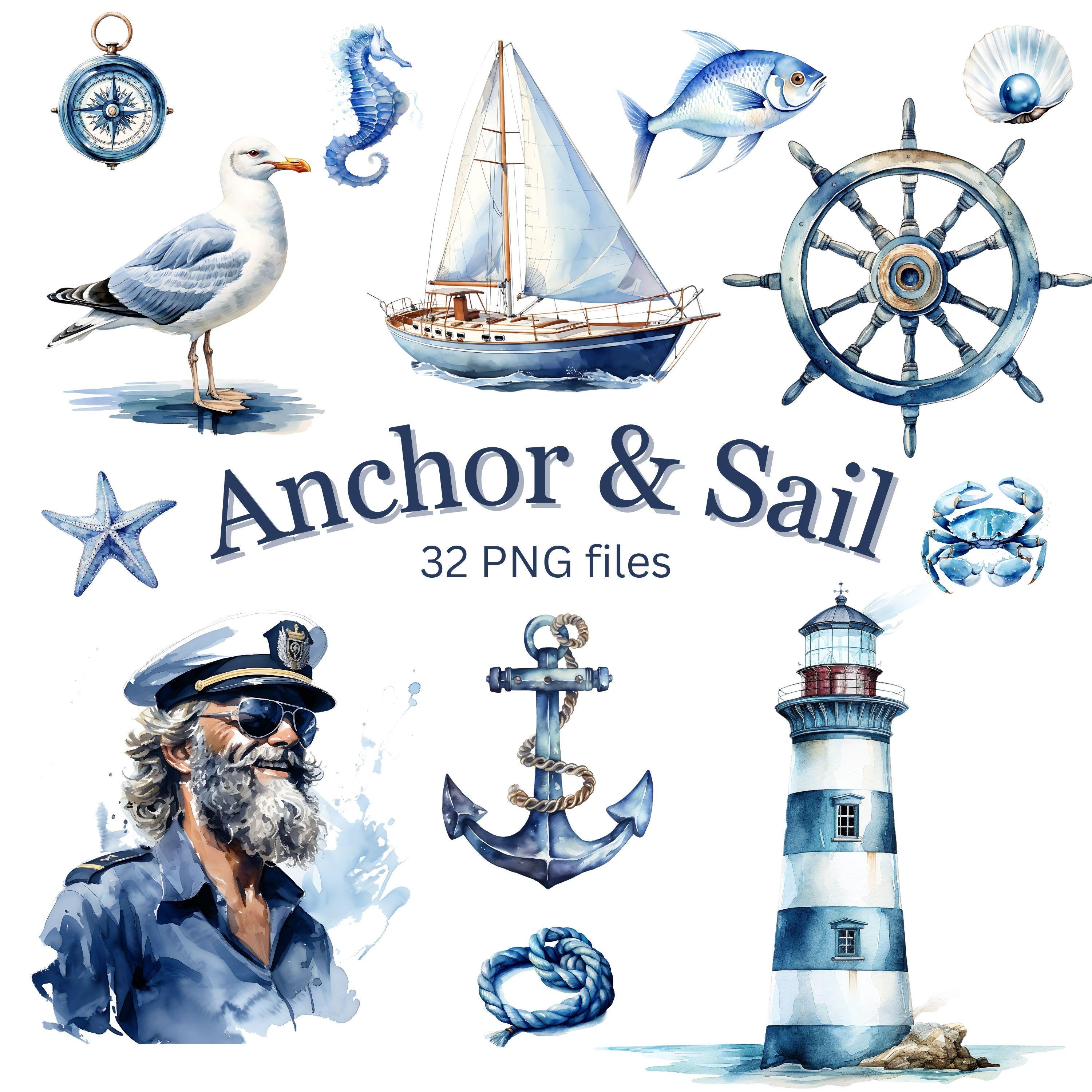 Nautical Clipart, Blue Clipart, Watercolor Clipart, Sailor Graphics ...