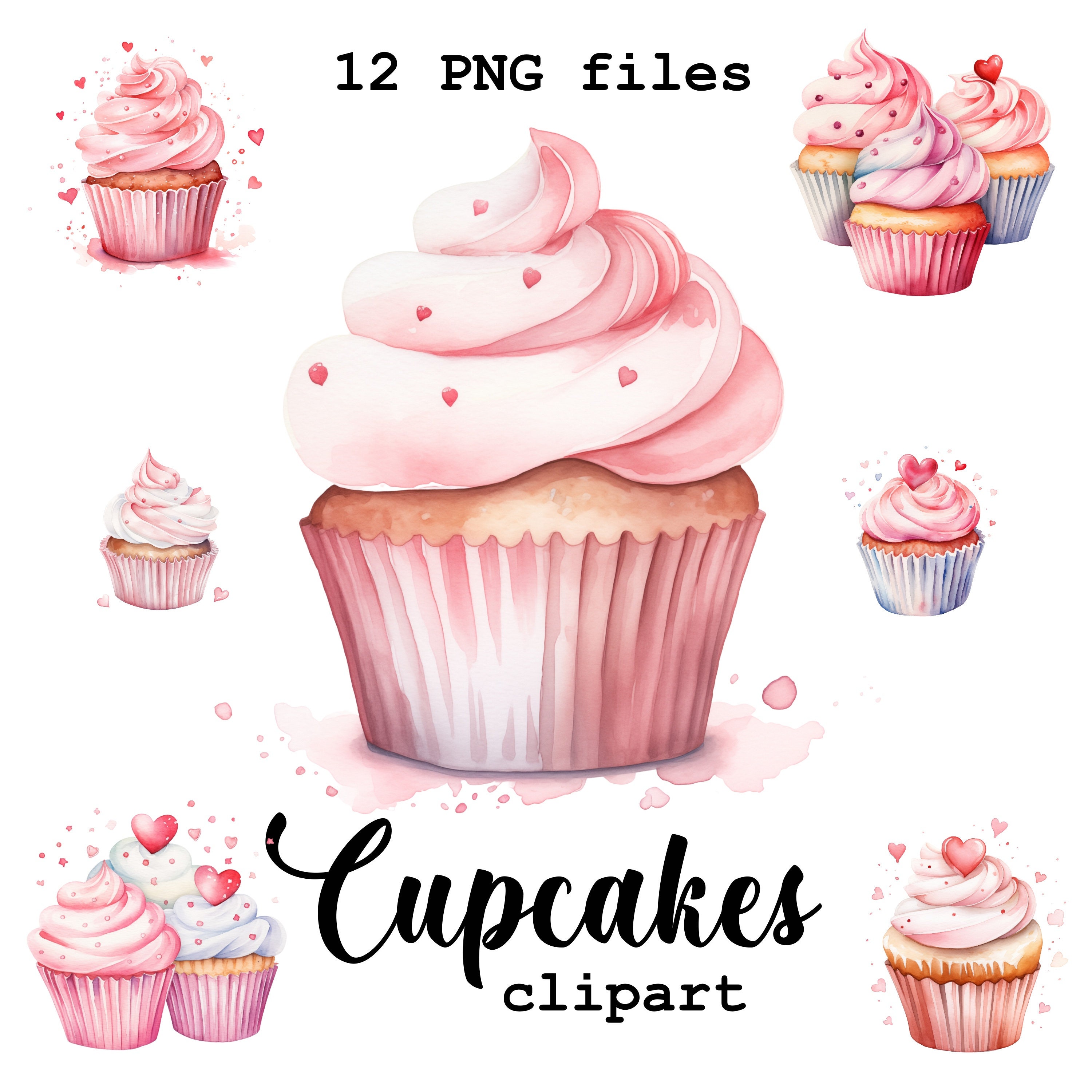 Cupcake Clipart, Valentines Day Clipart, Romantic Clipart, Watercolor ...
