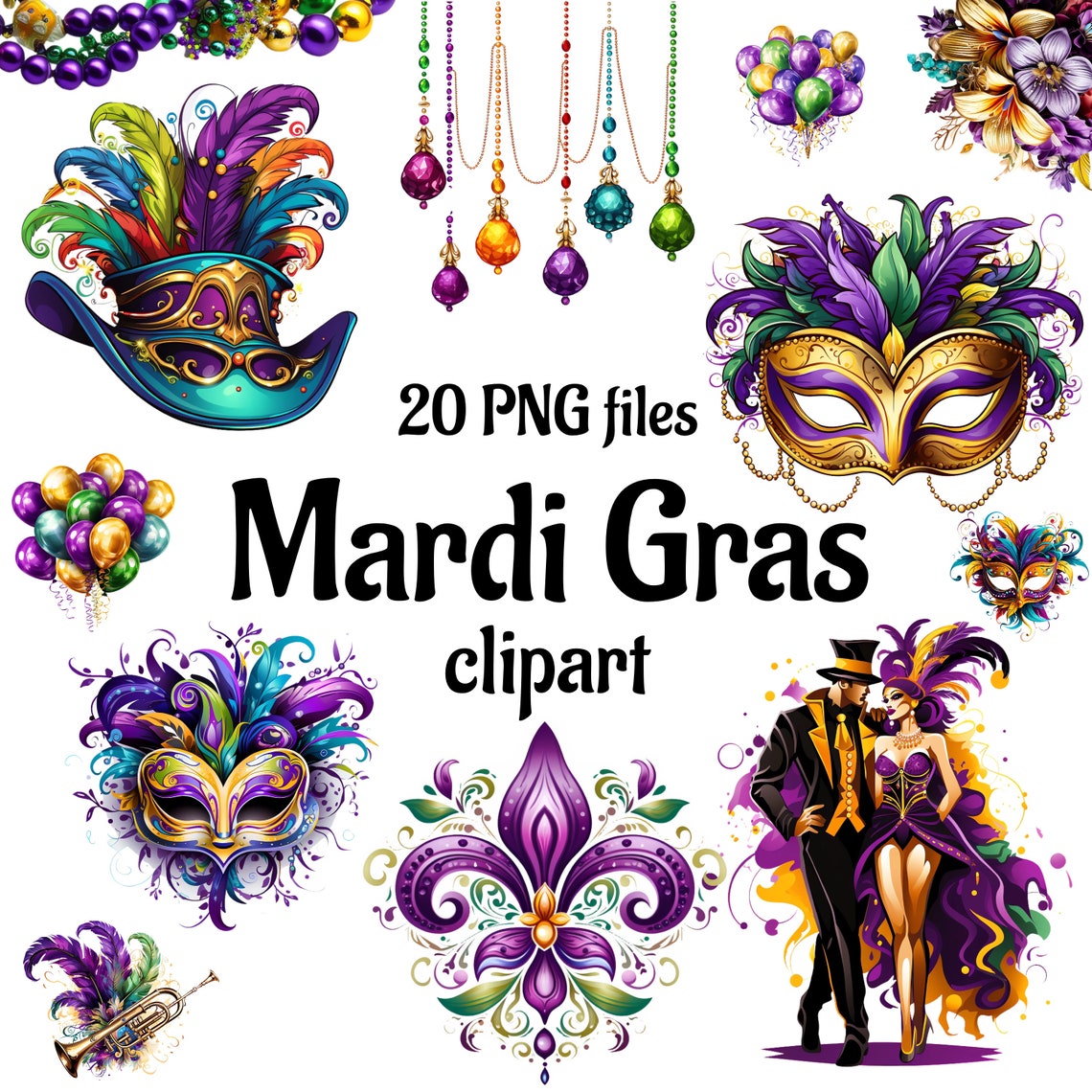 Mardi Gras Clipart Bundle, Watercolor Illustration, Fat Tuesday Clipart ...