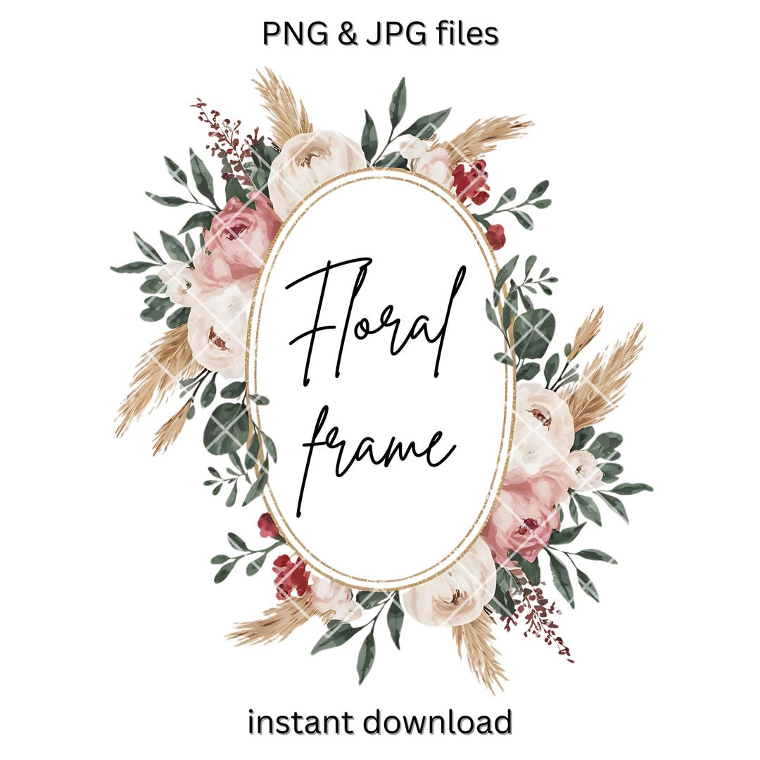 Floral Oval Frame PNG, Watercolor Floral Boho Frame, Gold Frame, Botanical Frame PNG, Boho Frame ...