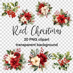 Red Christmas Clipart, Traditional Christmas Art, Watercolor Floral ...
