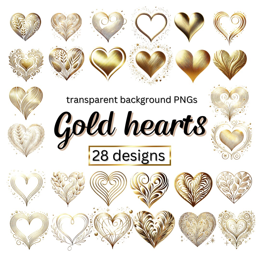 Gold Heart PNG, Gold Heart Clipart Bundle, Gold Heart Vector, Gold ...