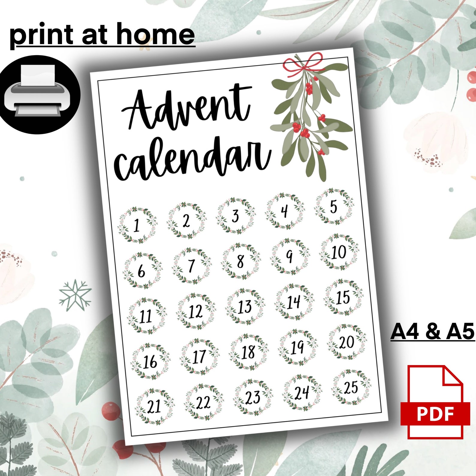 Printable Advent Calendar in PDF Format, Printable Countdown to ...