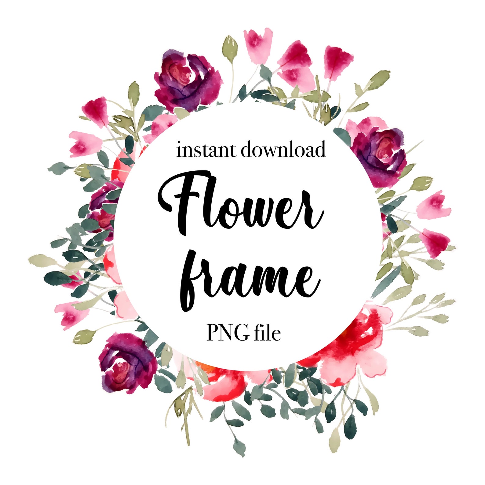 Watercolor Flower Circle Frame, Flower Wreath, Botanical Frame ...