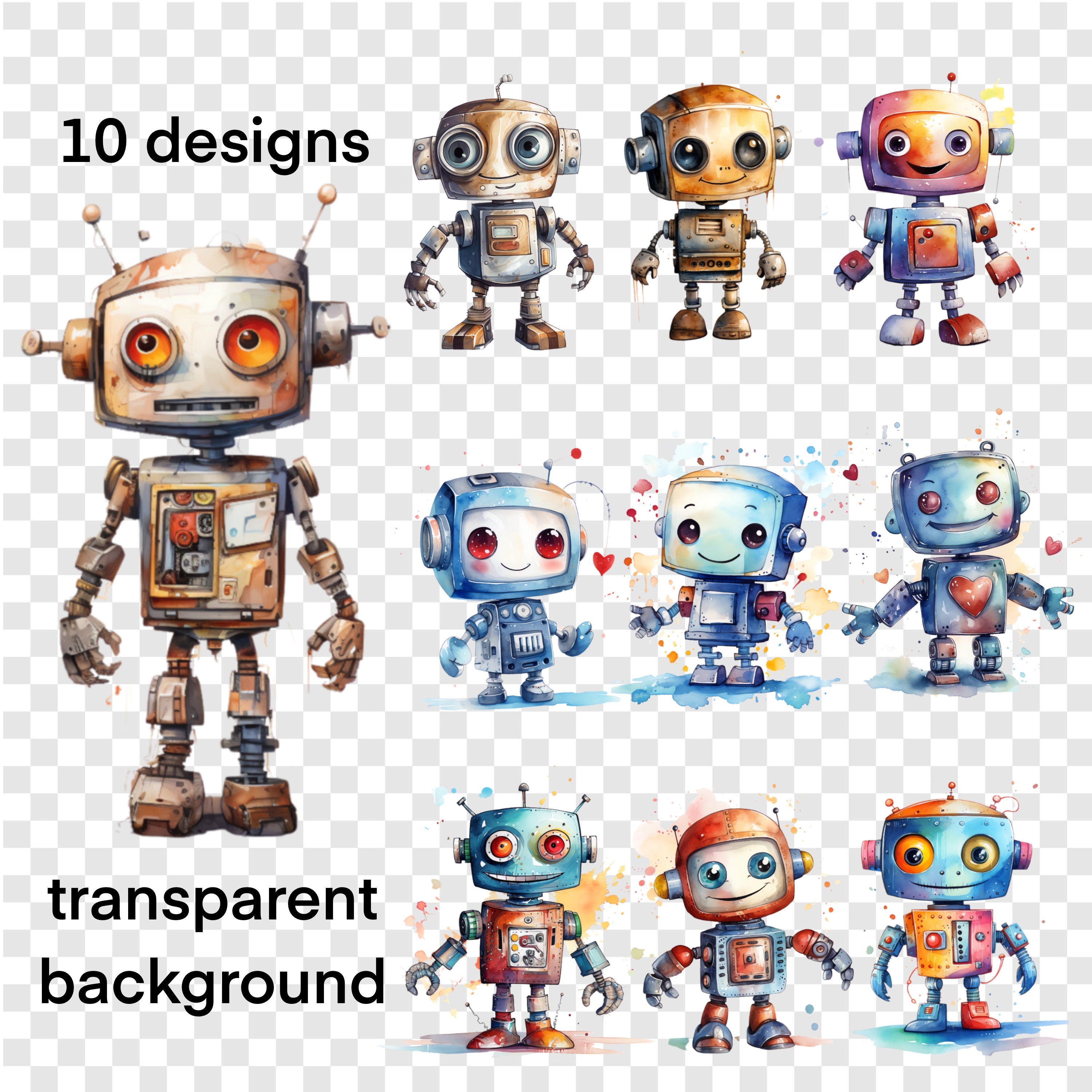 Robots Clipart, Cute Robot Watercolor Clipart, Robots Clipart Bundle ...