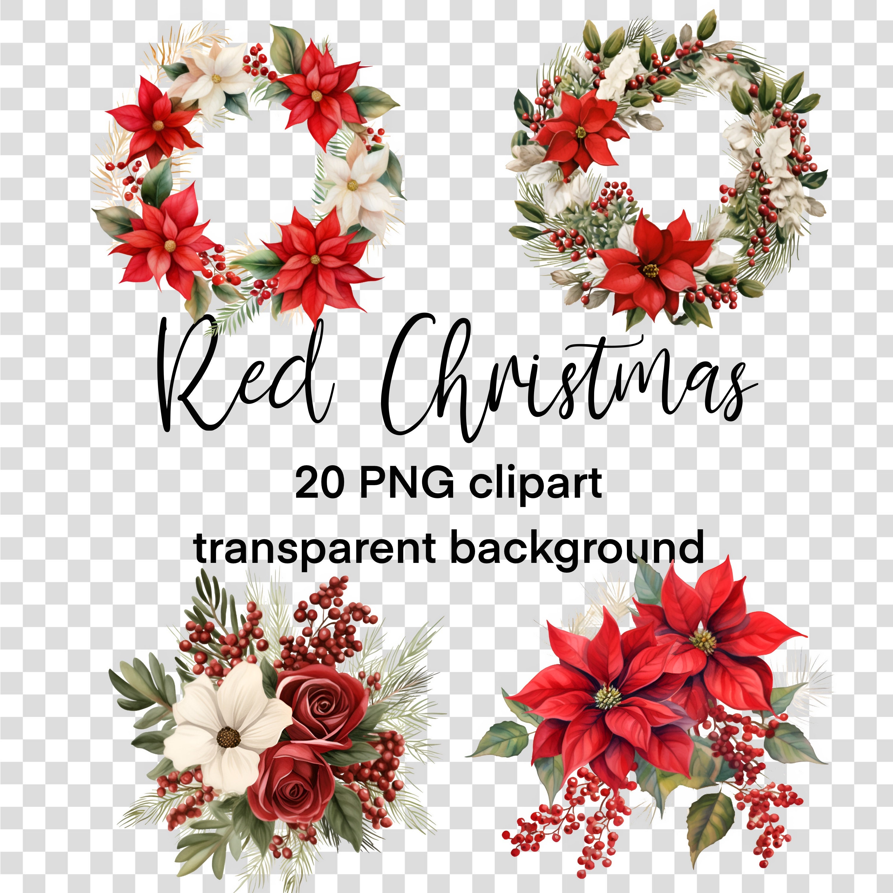 Red Christmas Clipart, Traditional Christmas Art, Watercolor Floral ...