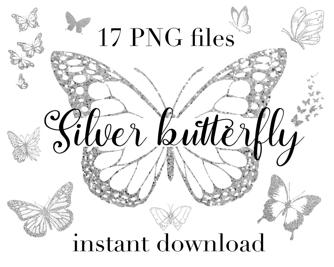 Silver Butterfly PNG Bundle, Butterfly Clipart, Silver Glitter ...