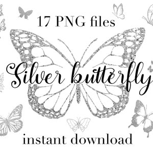 Silver Butterfly PNG Bundle, Butterfly Clipart, Silver Glitter ...
