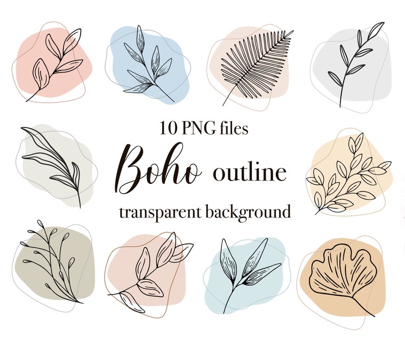 Boho Outline Clipart, Boho Botanical Clipart, Modern Boho Shapes, Boho PNG, Minimalist Design ...