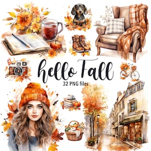 Fall Clipart, Watercolor Fall Clipart, PNG Clipart, Fall Design Elements, Bundle 32 Designs ...