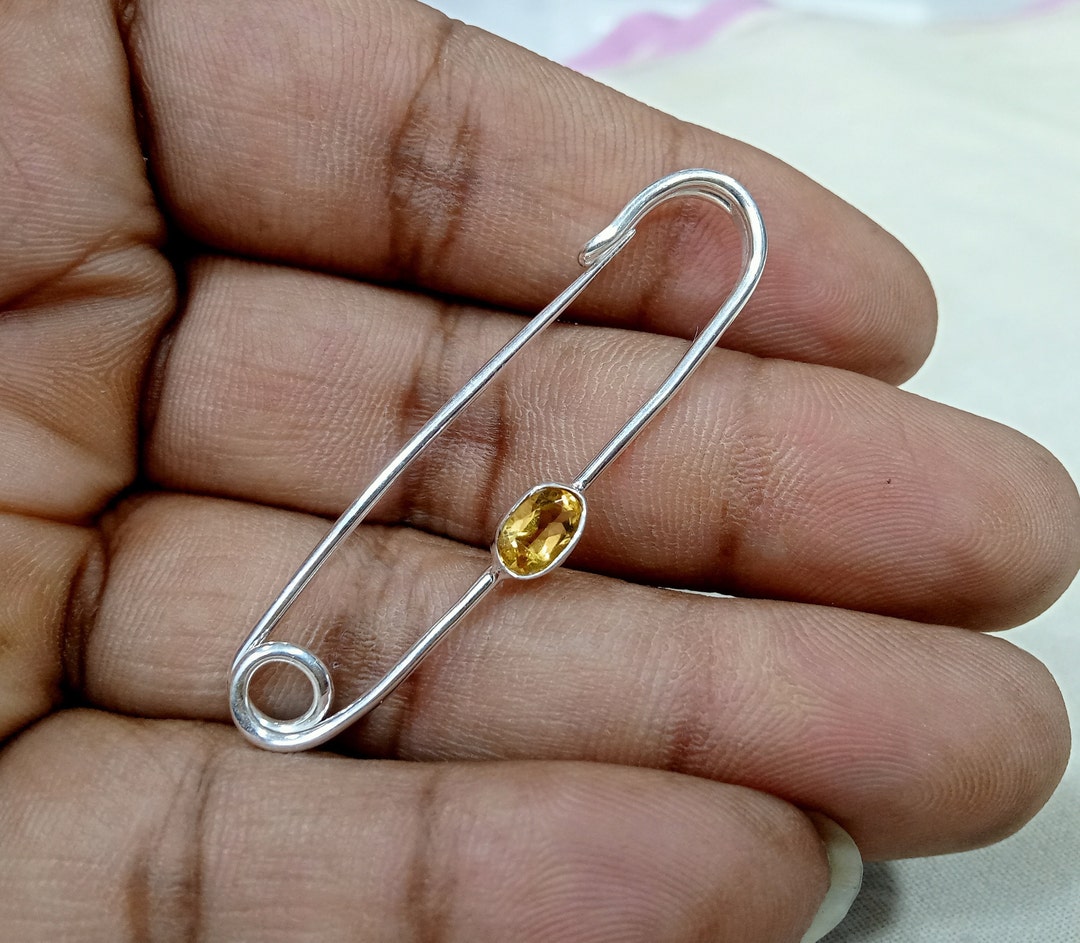 925 Sterling Silver Safety Pin Brooch, Citrine Brooch Pin, Vintage ...