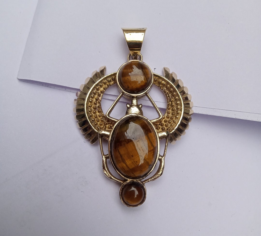 Gold Sterling Silver Tiger's Eye Scarab Pendant: Egyptian Beetle Charm ...