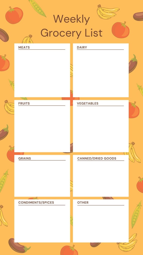 PRINTABLE Weekly Grocery List - Etsy