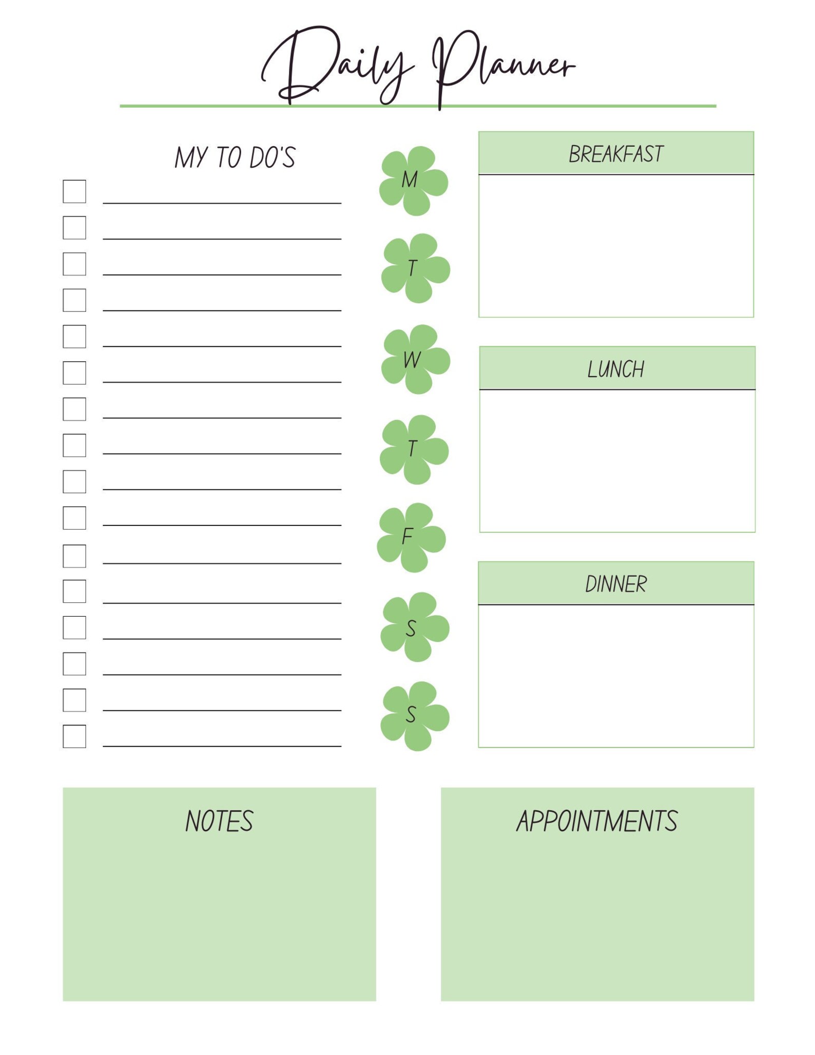 Printable Green Daily Planner, Custom Planner, Daily Calendar, Instant ...