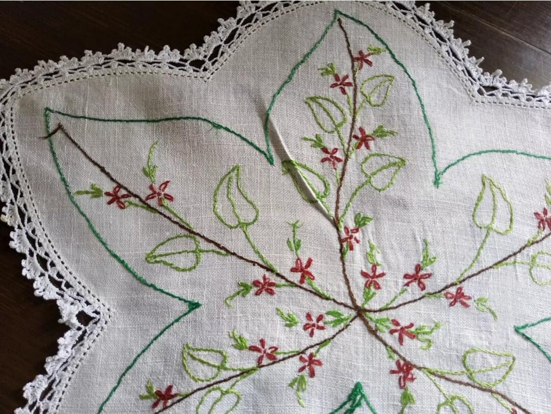 Vintage Cotton Linen Crochet Embroidery Handmade Beige Floral Large ...