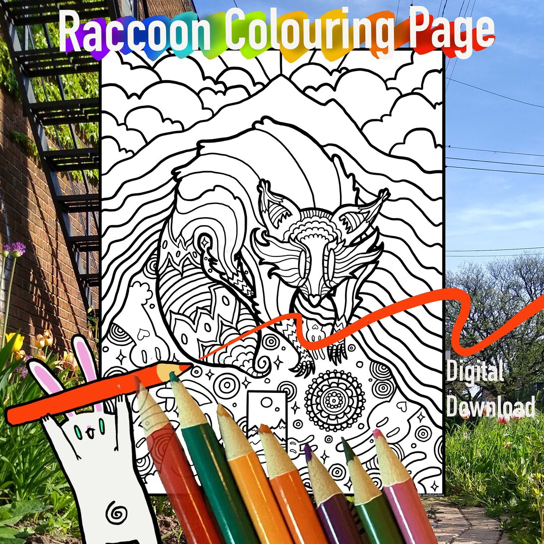 Adult Colouring Page Ready to Print Download Psychedelic Racoon ...