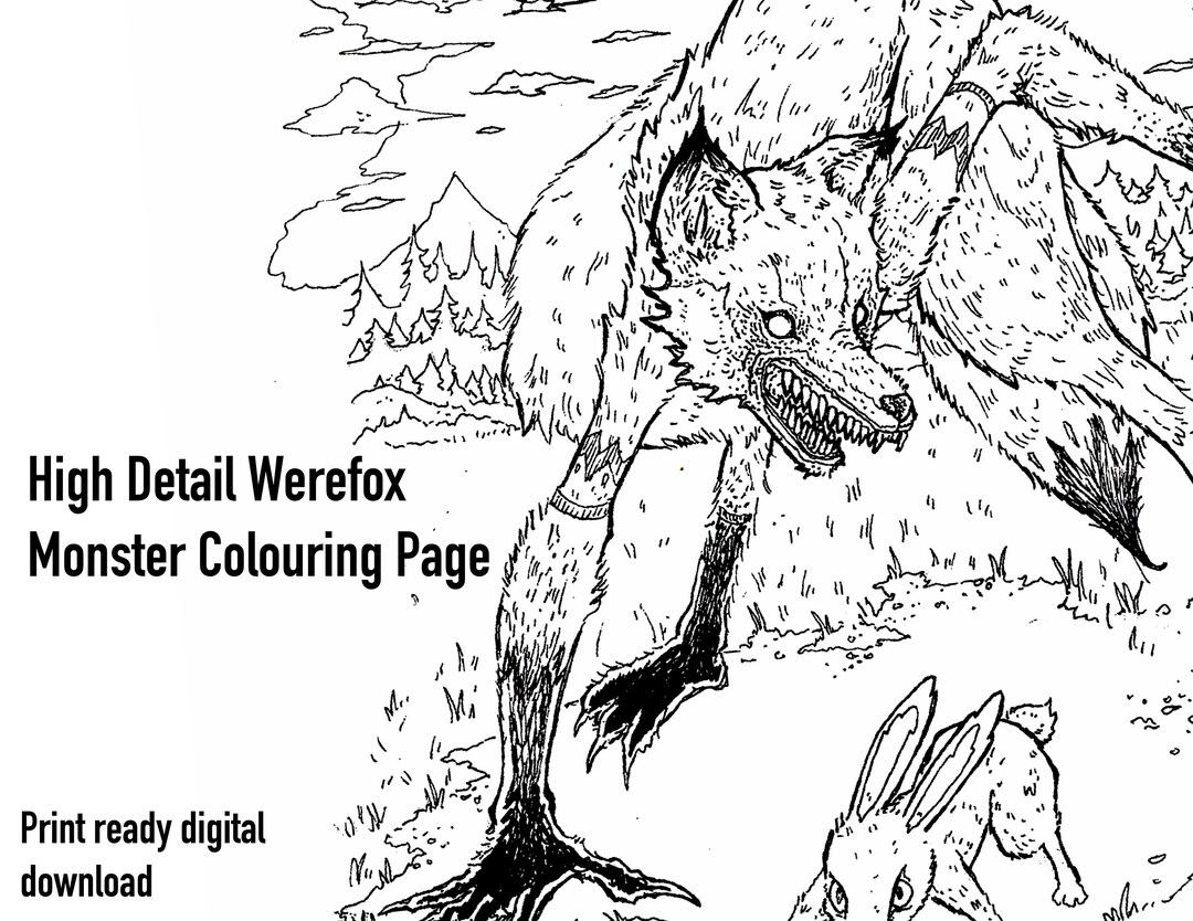 Scary Halloween Werewolf Colouring Page Werefox Digital Download - Etsy