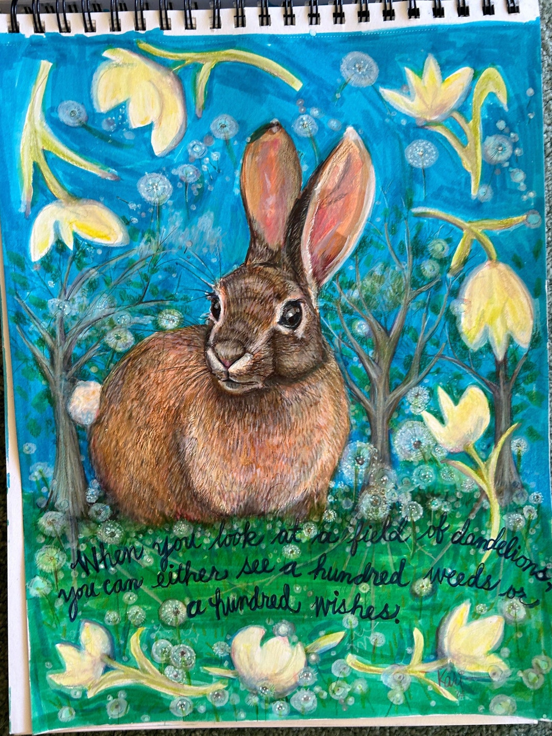 Rabbit Dandelion Wishes Original One of a Kind Drawing - Etsy