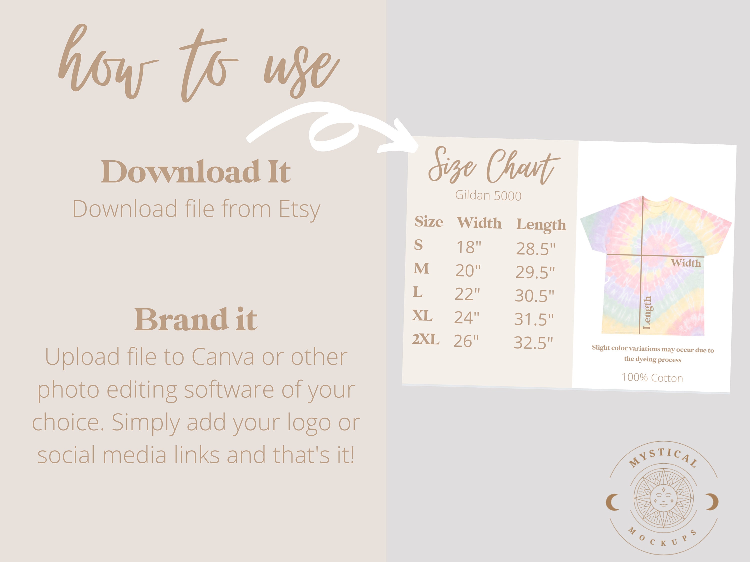 Gildan 5000 Tie Dye Size Chart Hazy Rainbow Printify Mockup Size Chart ...