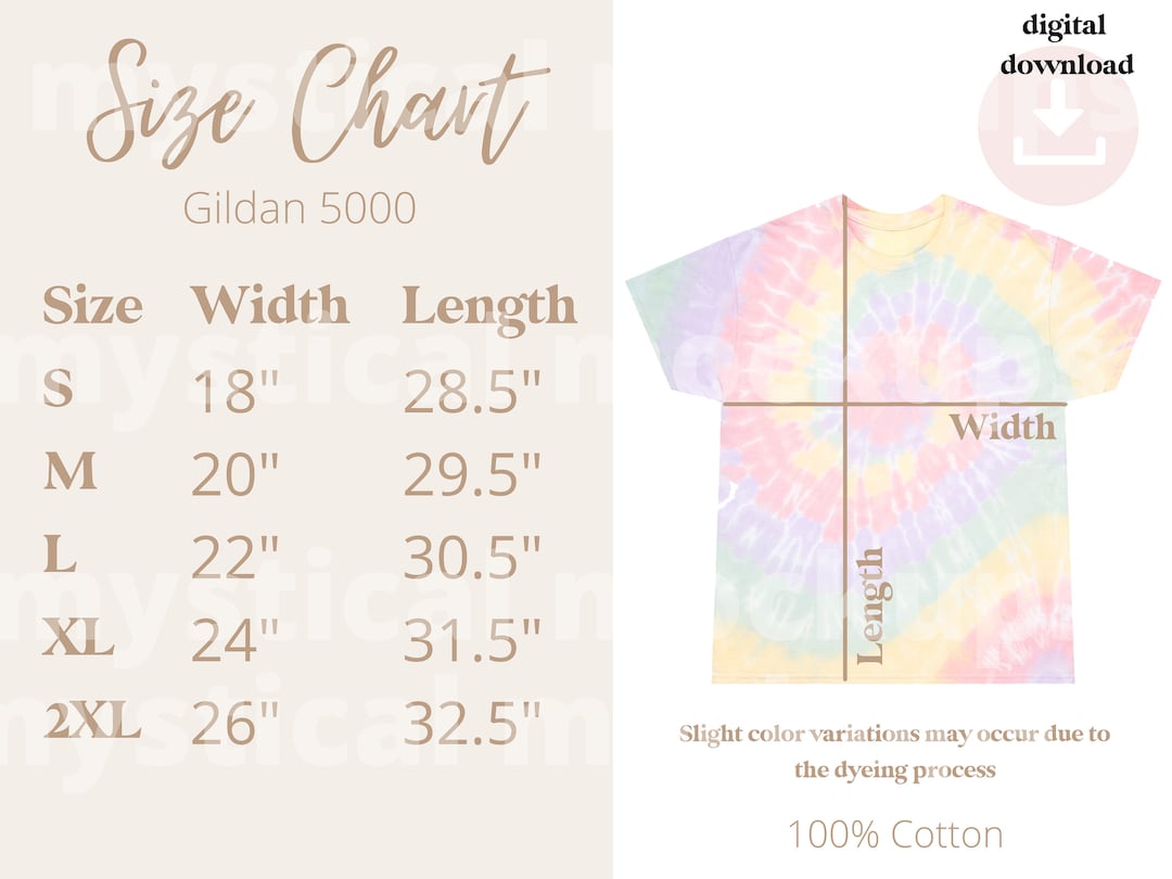 Gildan 5000 Tie Dye Size Chart Hazy Rainbow Printify Mockup Size Chart ...