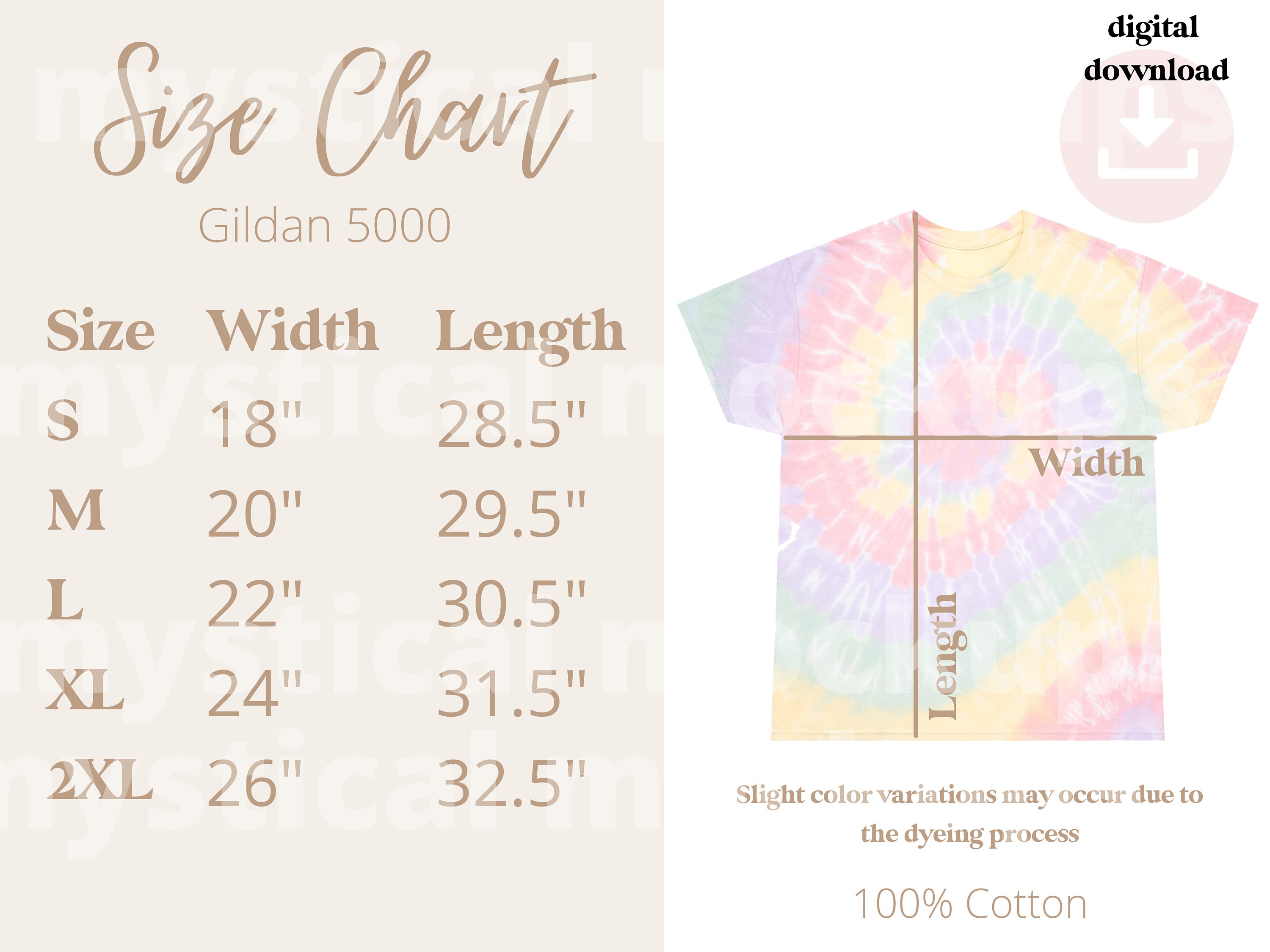 Gildan 5000 Tie Dye Size Chart Hazy Rainbow Printify Mockup Size Chart ...