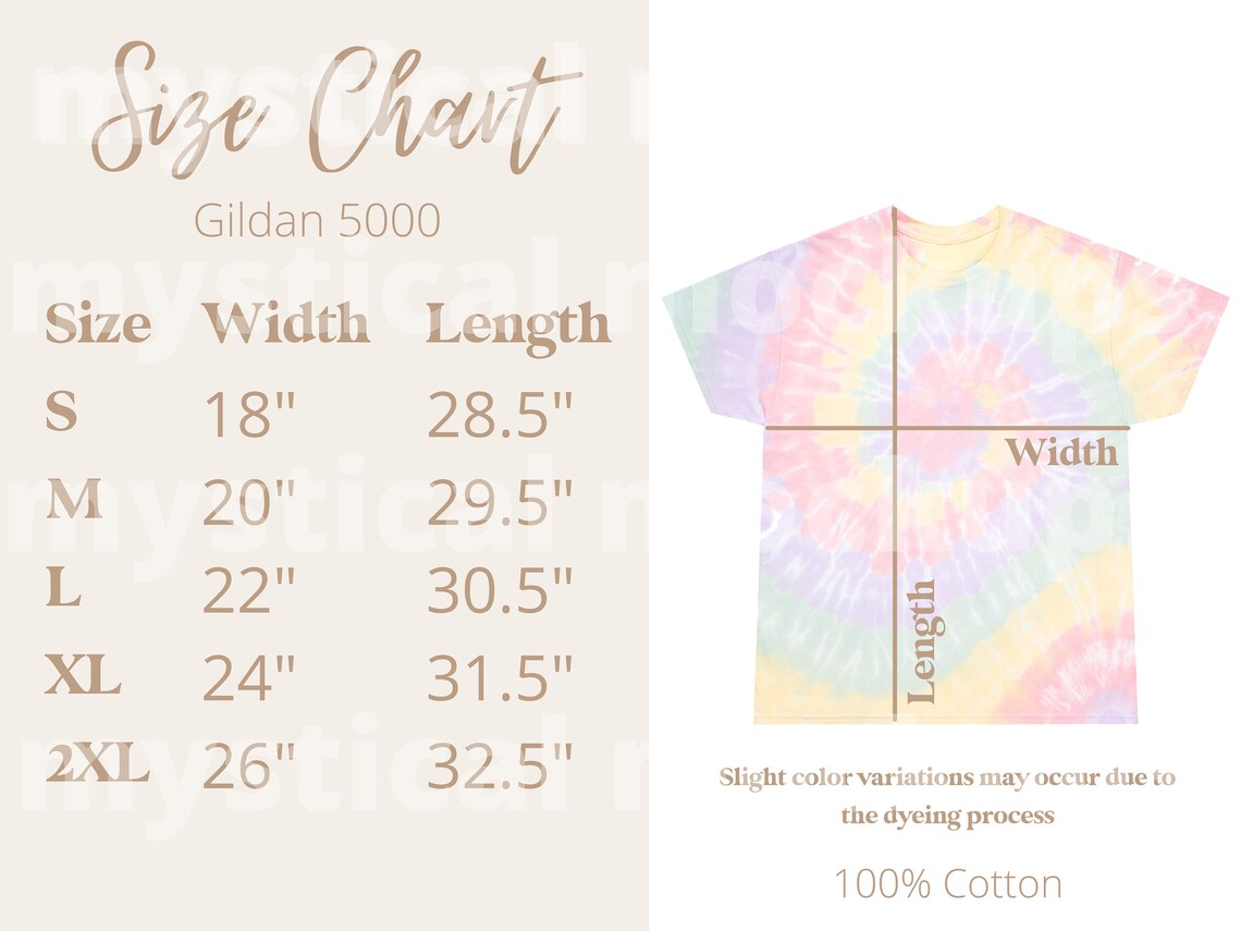 Gildan 5000 Tie Dye Size Chart Hazy Rainbow Printify Mockup Size Chart ...