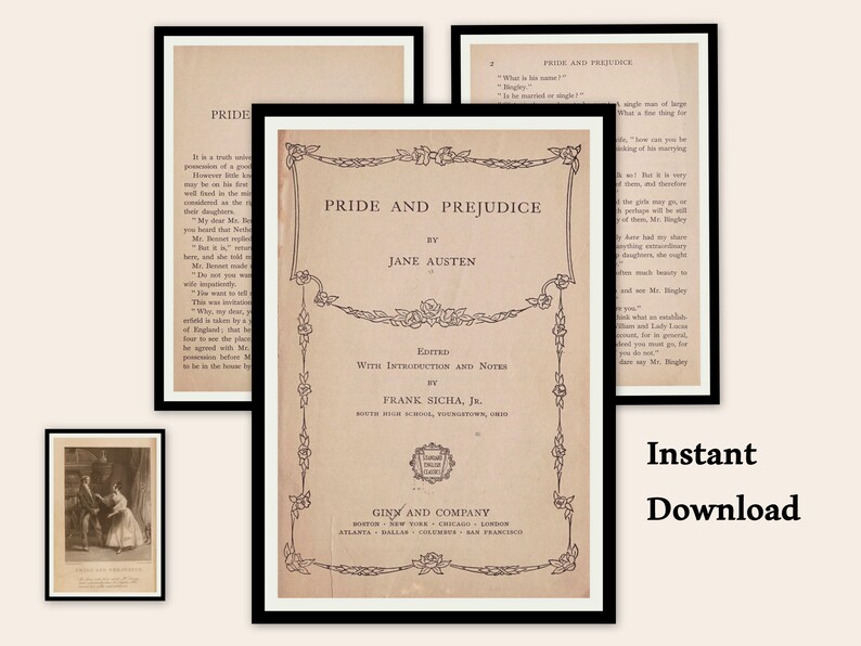 Literary Poster Set Pride and Prejudice 3 Piece Book Wall Art for ...