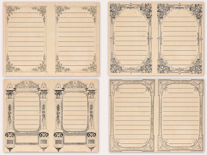 Lined Digital Paper With Medieval Border, Set 2 of 8 Vintage Ornament ...