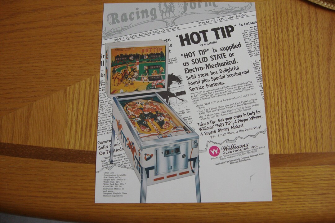 Williams Hot Tip Pinball Machine Paper Advertising Single - Etsy