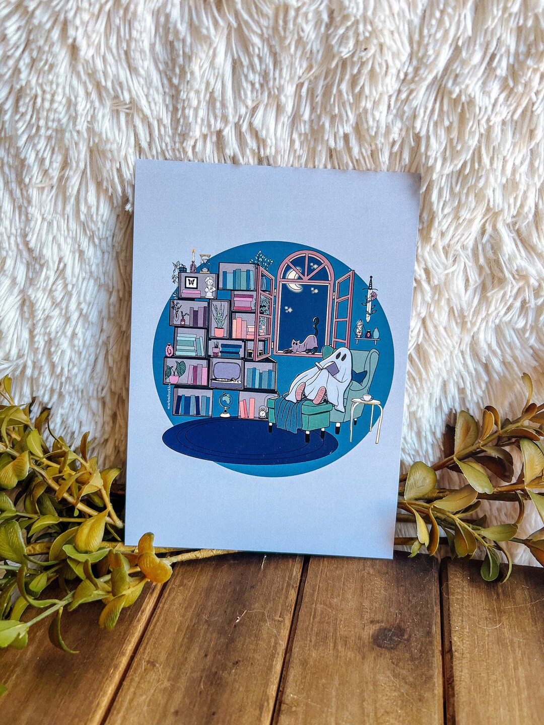 Ghost Library Art Print Ghost Cat Book Reading Reader Gifts TBR 5x7 ...