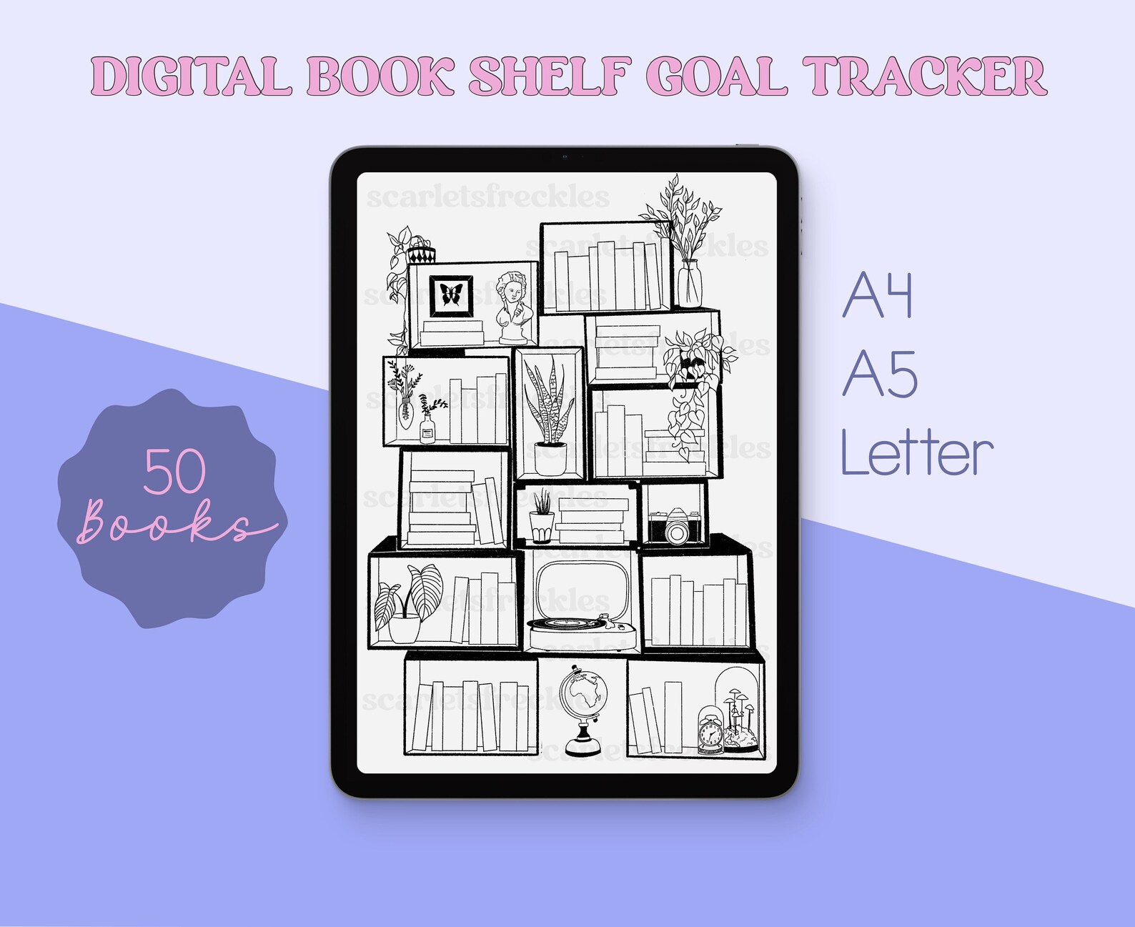 Digital Book Shelf Printable 50 Book Reading Goal Tracker Bullet ...